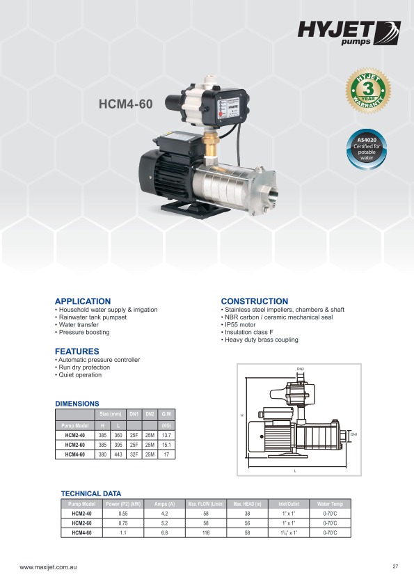 Hyjet Horizontal Stainless Steel Multistage Pump With PC12 Pressure Co ...