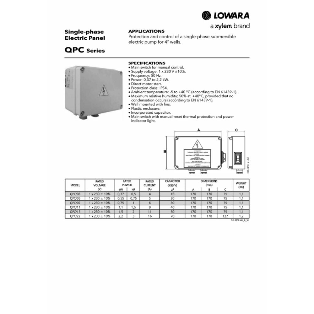 Lowara Starter Boxes Single Phase 240V QPC Series – Sprinklerpros