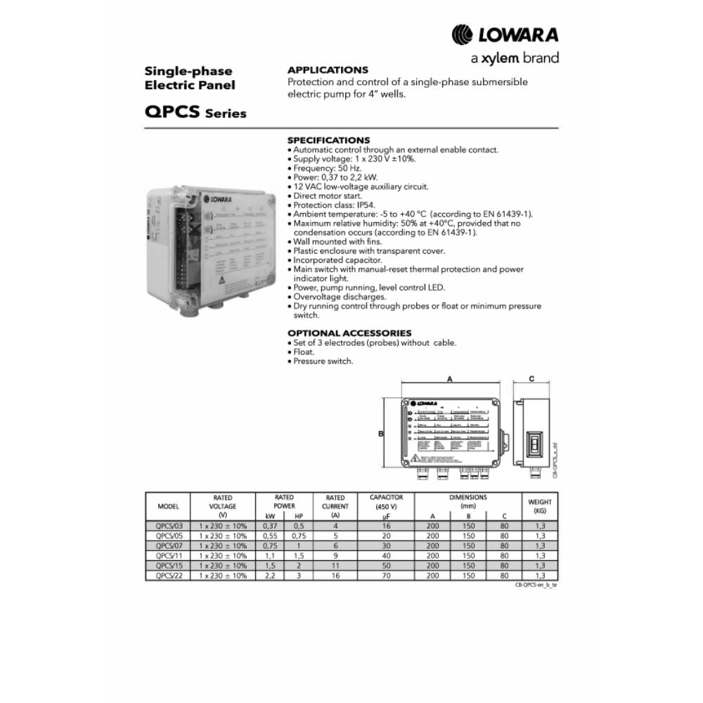 Lowara Control Boxes Single Phase 240V QPCS Series – Sprinklerpros